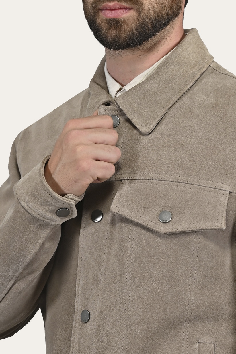 Men’s Taupe Trailblazer Suede Trucker Jacket | The Frye Company