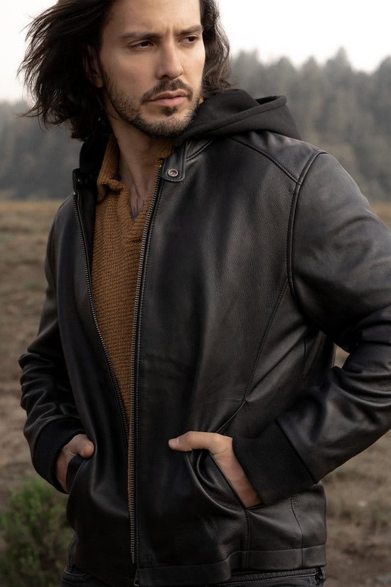 Men’s Black Saddle Racer Leather Hooded Jacket | The Frye Company